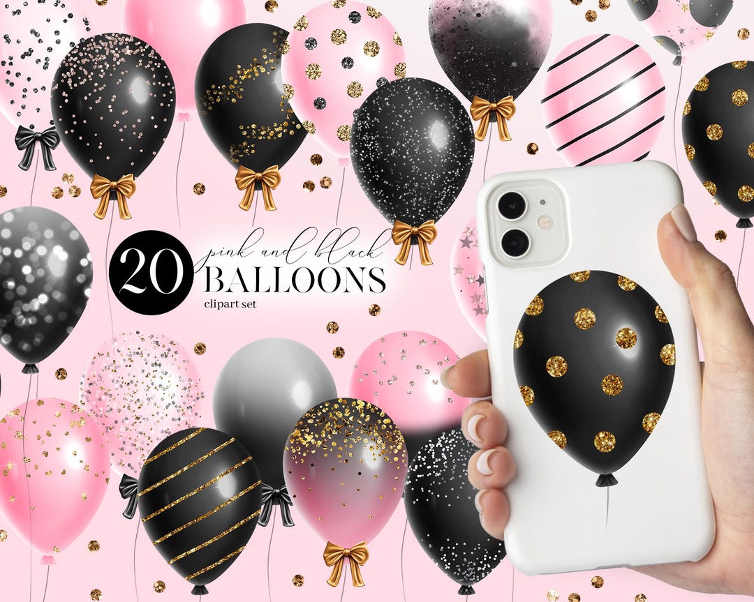 Pink and Black Balloons Clipart Set, Glitter and Confetti Designs ...