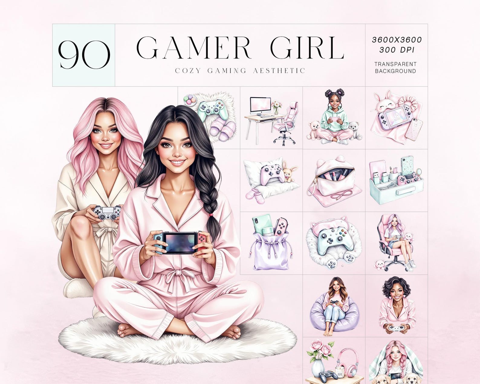 Gamer Girl Clipart Bundle, Pastel Pink Gaming PNG Set, Cute Streamer ...
