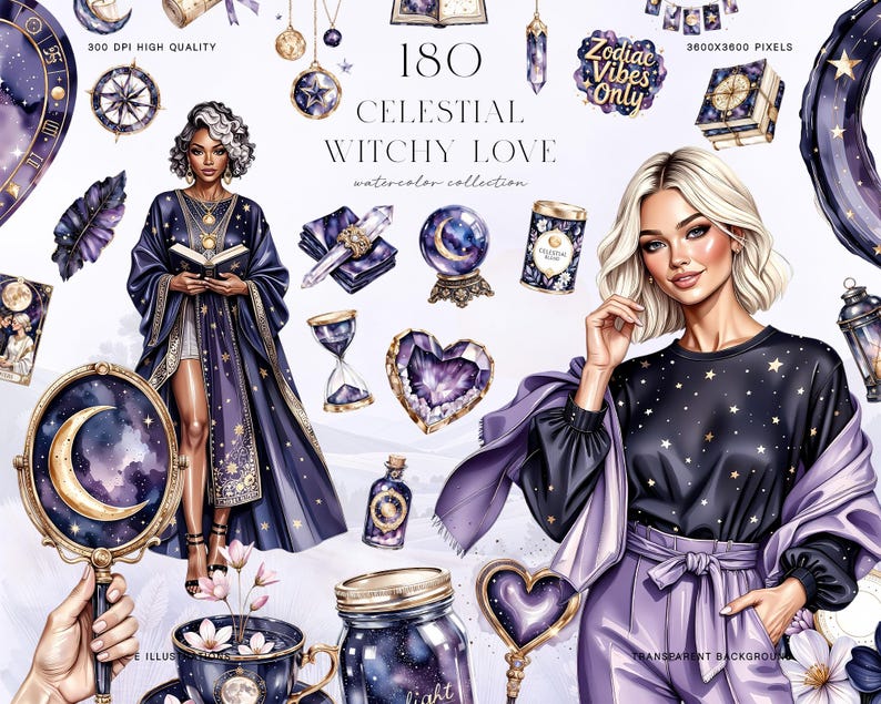 Celestial Witchy Love Watercolor Clipart Set, Zodiac Astrology Magic ...