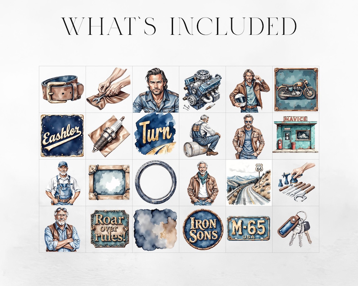 Masculine Garage Watercolor Clipart Set With Mechanic Tools Vintage ...