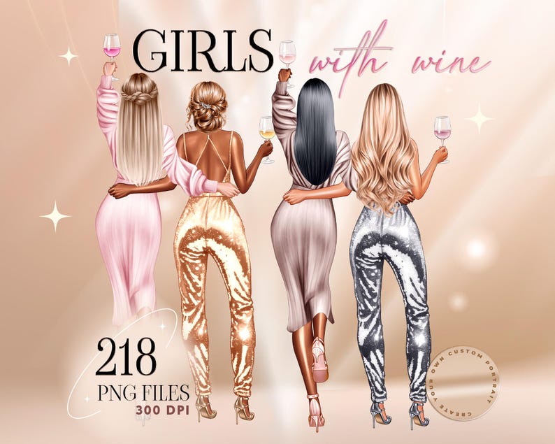 Girls Night Out Clipart Bundle, Glamorous Girls With Wine, BFF Party ...