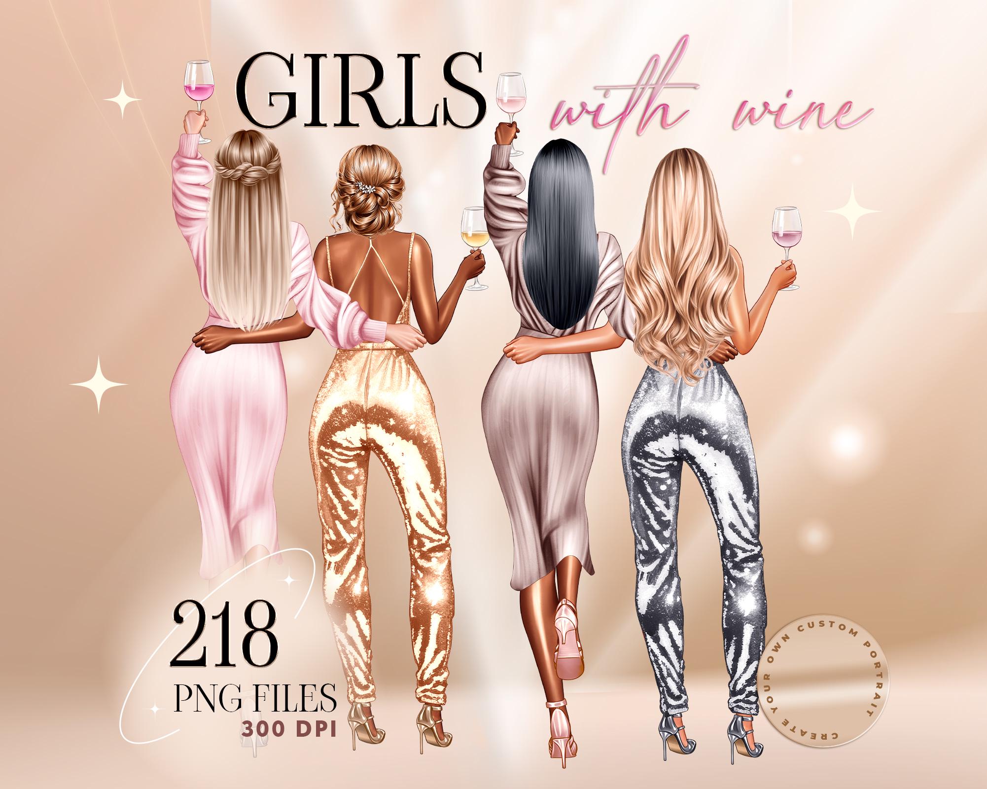 Girls Night Out Clipart Bundle, Glamorous Girls With Wine, BFF Party ...