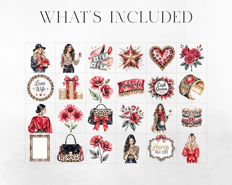 Mob Wife Aesthetic Watercolor Clipart Set, Luxury Leopard Fashion ...