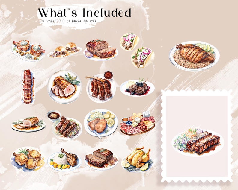 Watercolor BBQ Meat Clipart Set, Hand-painted Roast, Ribs (digital ...