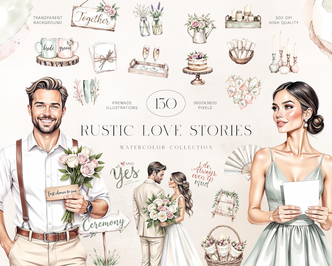 Rustic Wedding Watercolor Clipart Set, Bride and Groom Illustrations ...