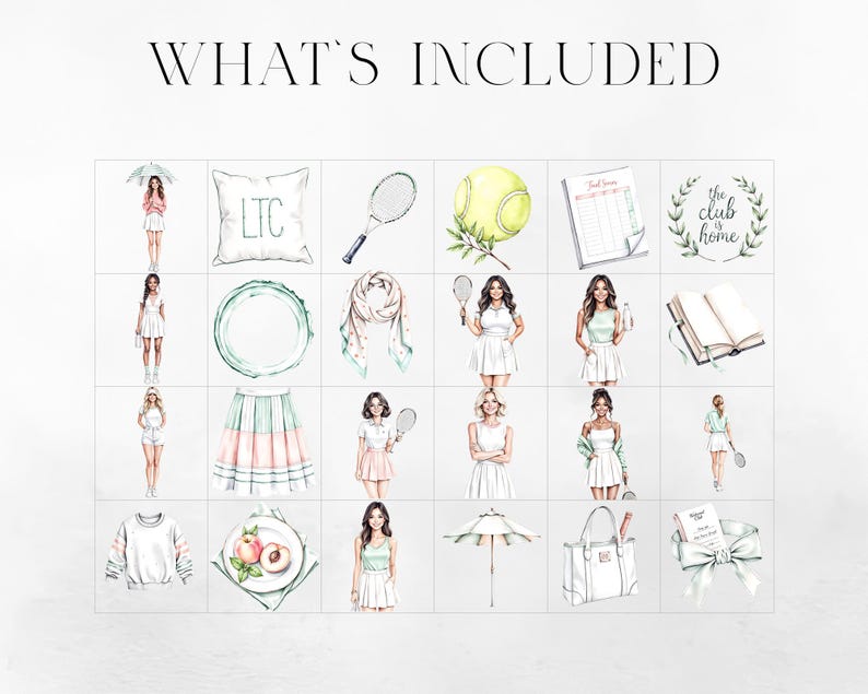 Country Club Tennis Clipart Set, 60s - 80s Retro Tennis Girl, Fashion ...