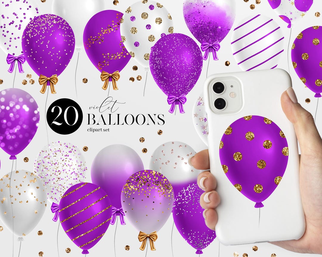 Violet Balloon Clipart Set, Glitter Confetti Designs (digital Download ...