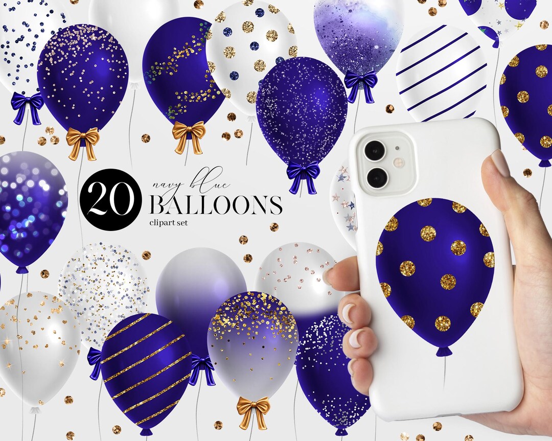 Navy Blue Balloons Clipart, Glitter Confetti Designs (digital Download ...