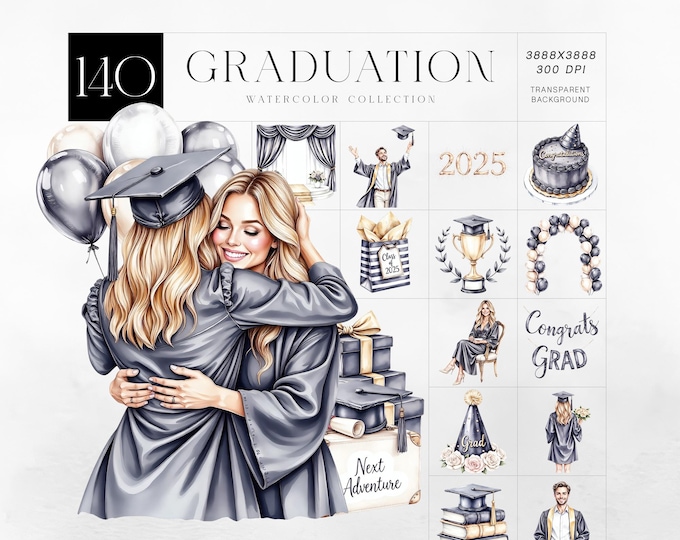 Graduation 2025 Clipart, Set of 15 PNG Bundle, 300 DPI Watercolor Clip ...