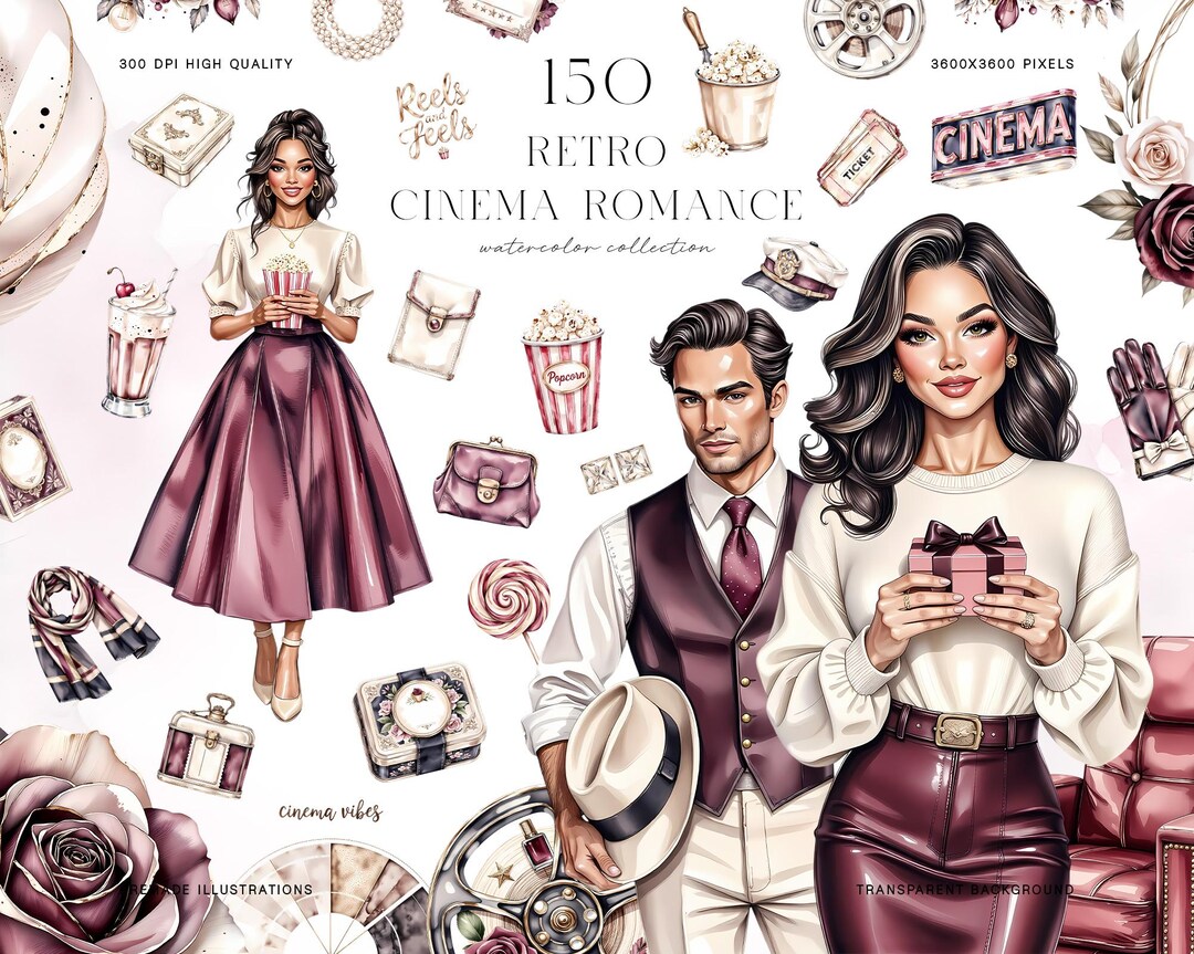 Retro Cinema Romance Watercolor Clipart Set, Vintage Movie Date ...