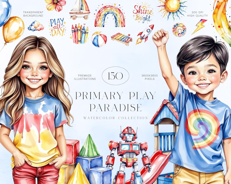 Kids Watercolor Clipart Set With Rainbow Toys and Playtime ...