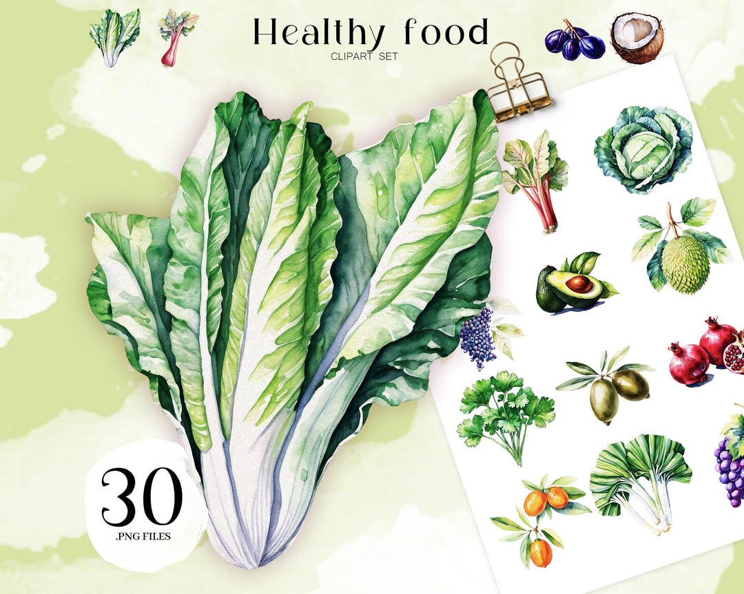 Watercolor Healthy Food Clipart Set, 30 PNG Files, Hand Painted Fruits ...