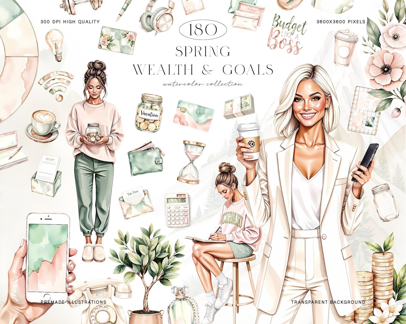 Spring Wealth & Goals Watercolor Clipart, Financial Planning Boss ...