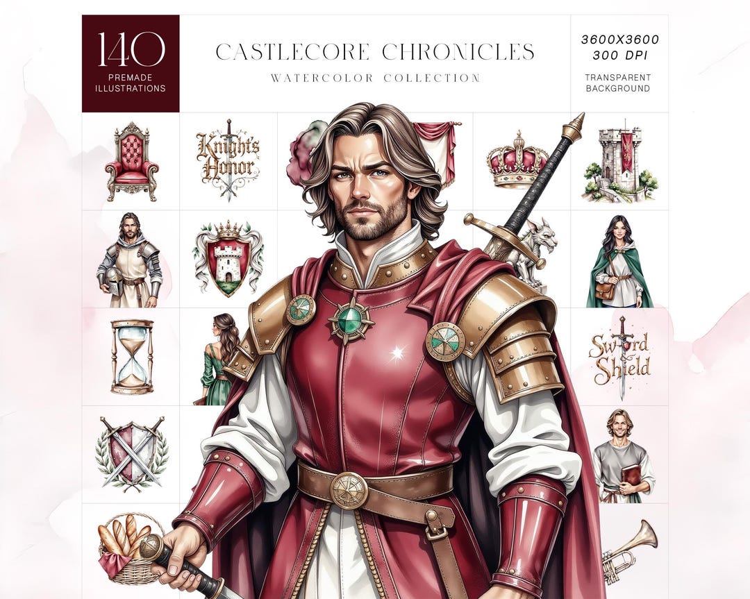 Castlecore Watercolor Clipart Set, Medieval Knights, Castles & Royal ...