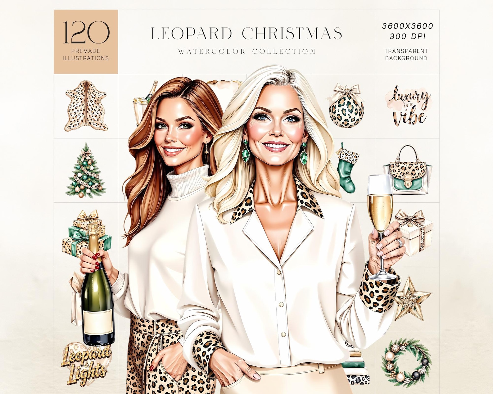 Leopard Christmas Watercolor Clipart Set, 120 Luxury Holiday Fashion ...