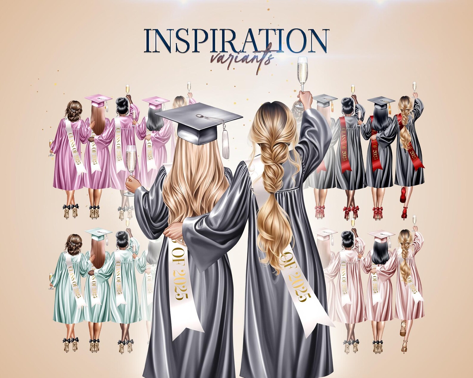Graduation Girls Clipart, Class of 2025 Illustrations, Personalized ...