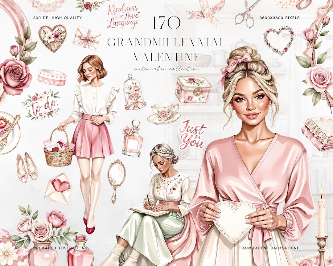 Grandmillennial Valentine Watercolor Clipart, Romantic Vintage Love ...