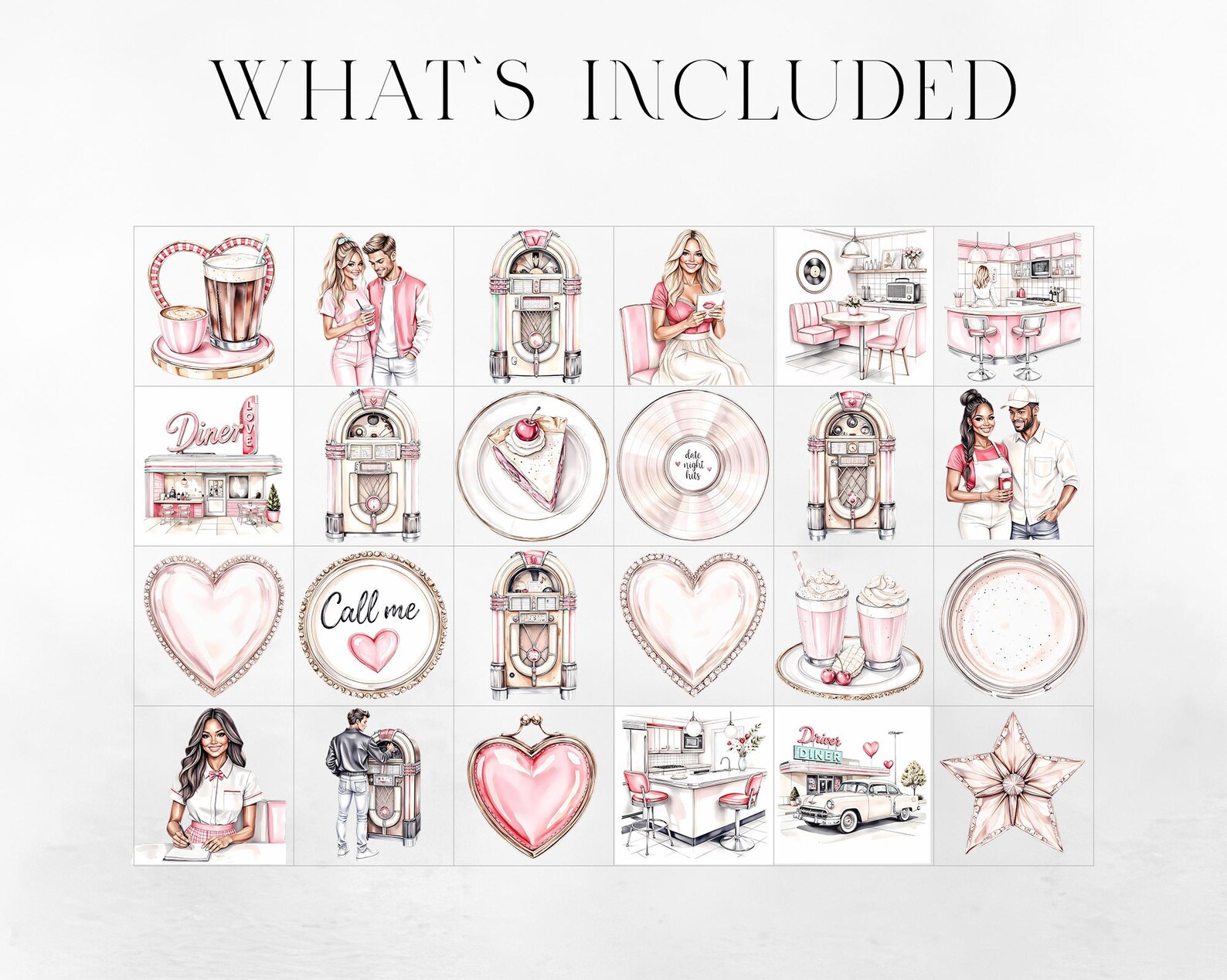 Retro Diner Date Watercolor Clipart Set, Valentine Pink Illustration ...