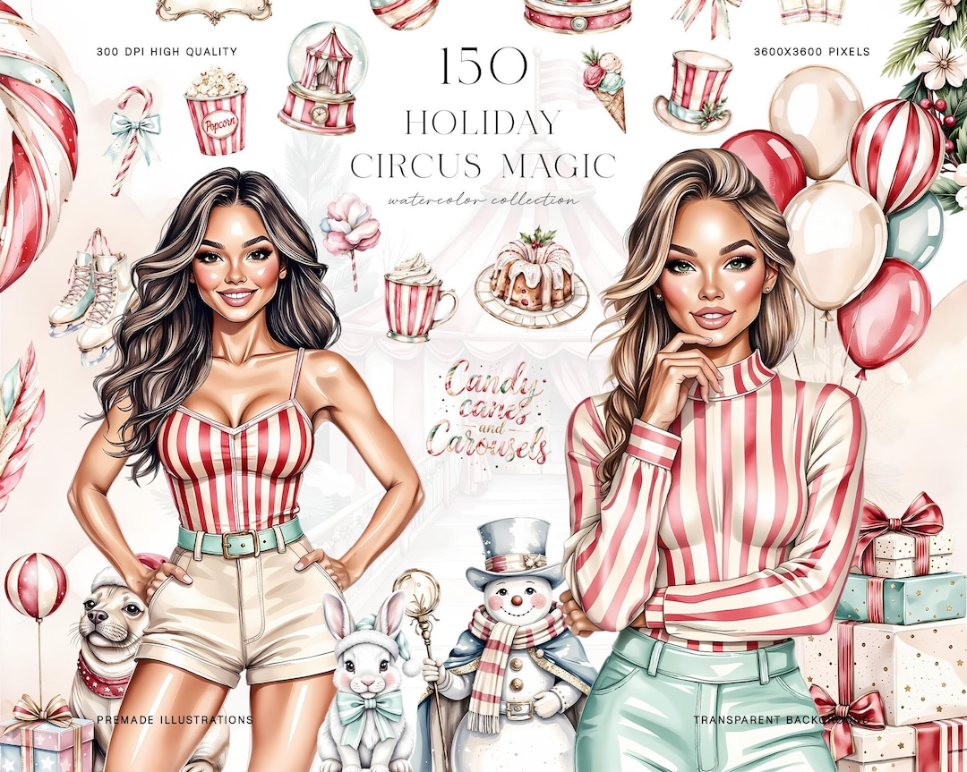 Holiday Circus Magic Watercolor Clipart Set, Candy Cane Christmas ...