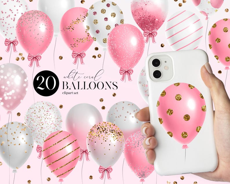 Coral Balloons Clipart Set, Pink Glitter, Confetti Designs (digital ...