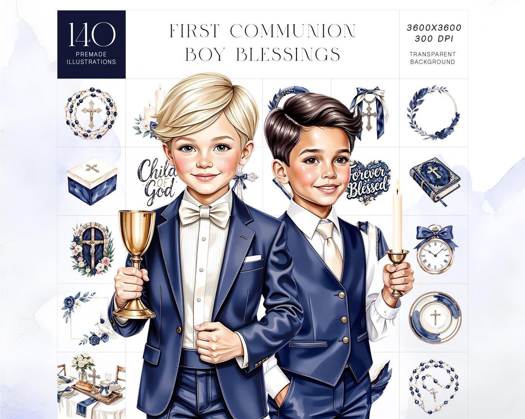 First Communion Boy Watercolor Clipart Set, Christian PNG Illustration ...
