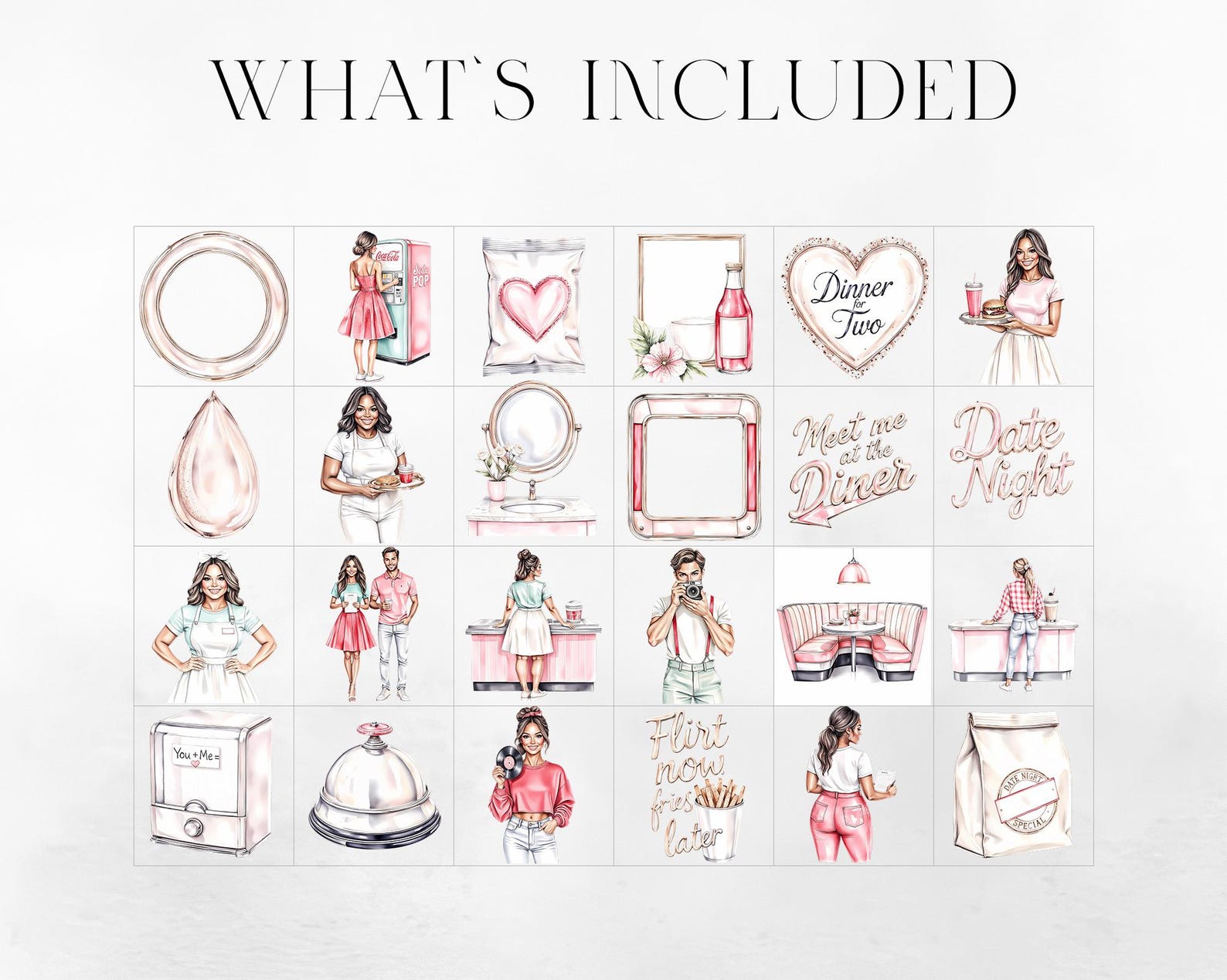 Retro Diner Date Watercolor Clipart Set, Valentine Pink Illustration ...