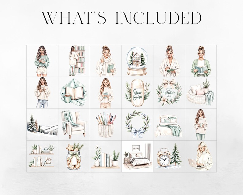 Winter Bookish Planner Watercolor Clipart Set, Cozy Reading Girl ...