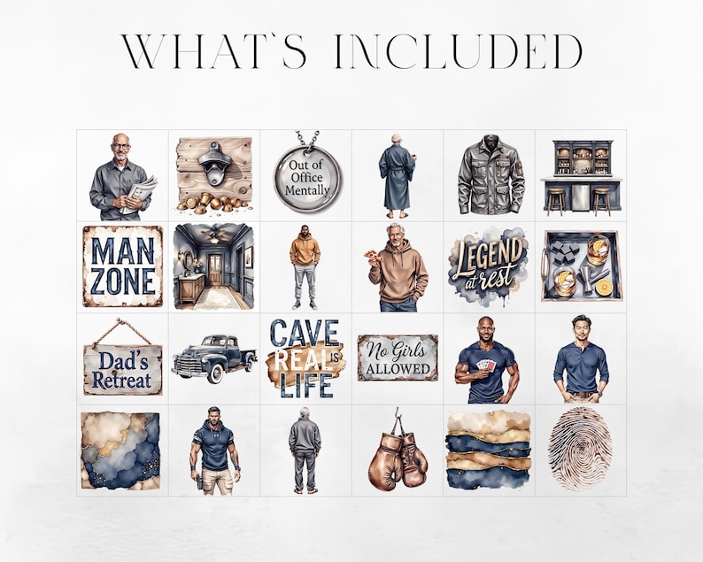 Mancave Nights Watercolor Clipart Set With Masculine Bar and Game Room ...