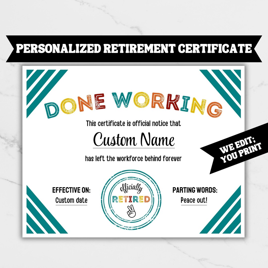 Personalized Retirement Certificate - DONE Retirement Award Printable ...