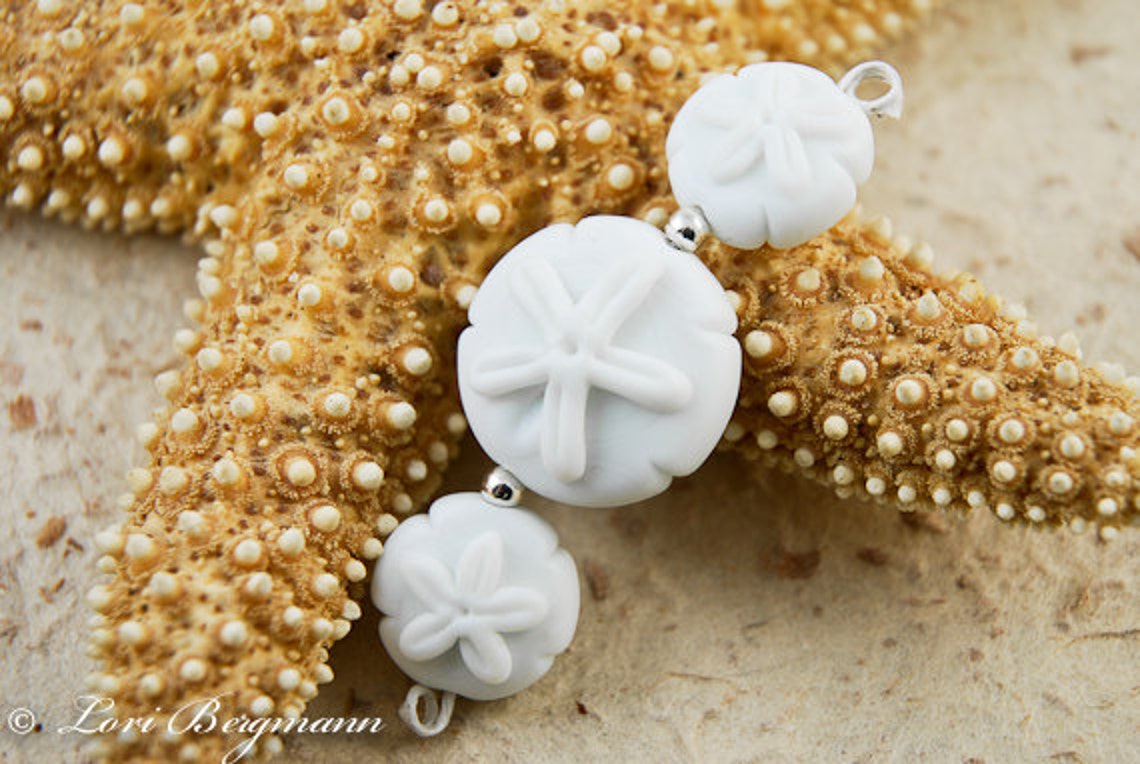 Handmade Sand Dollar Lampwork Bead Set, Soft White Beach Glass, Focal ...