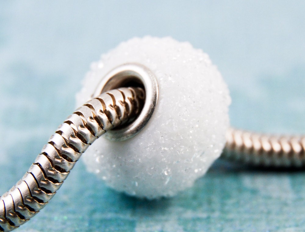 White Snowball European Charm Bead, Large Hole Sugar Bead, Winter ...