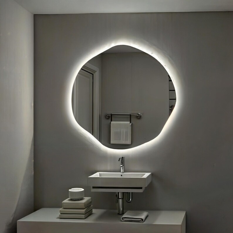 Wavy Round LED Mirror - Lighted Wall Mirror - Asymmetrical Modern ...