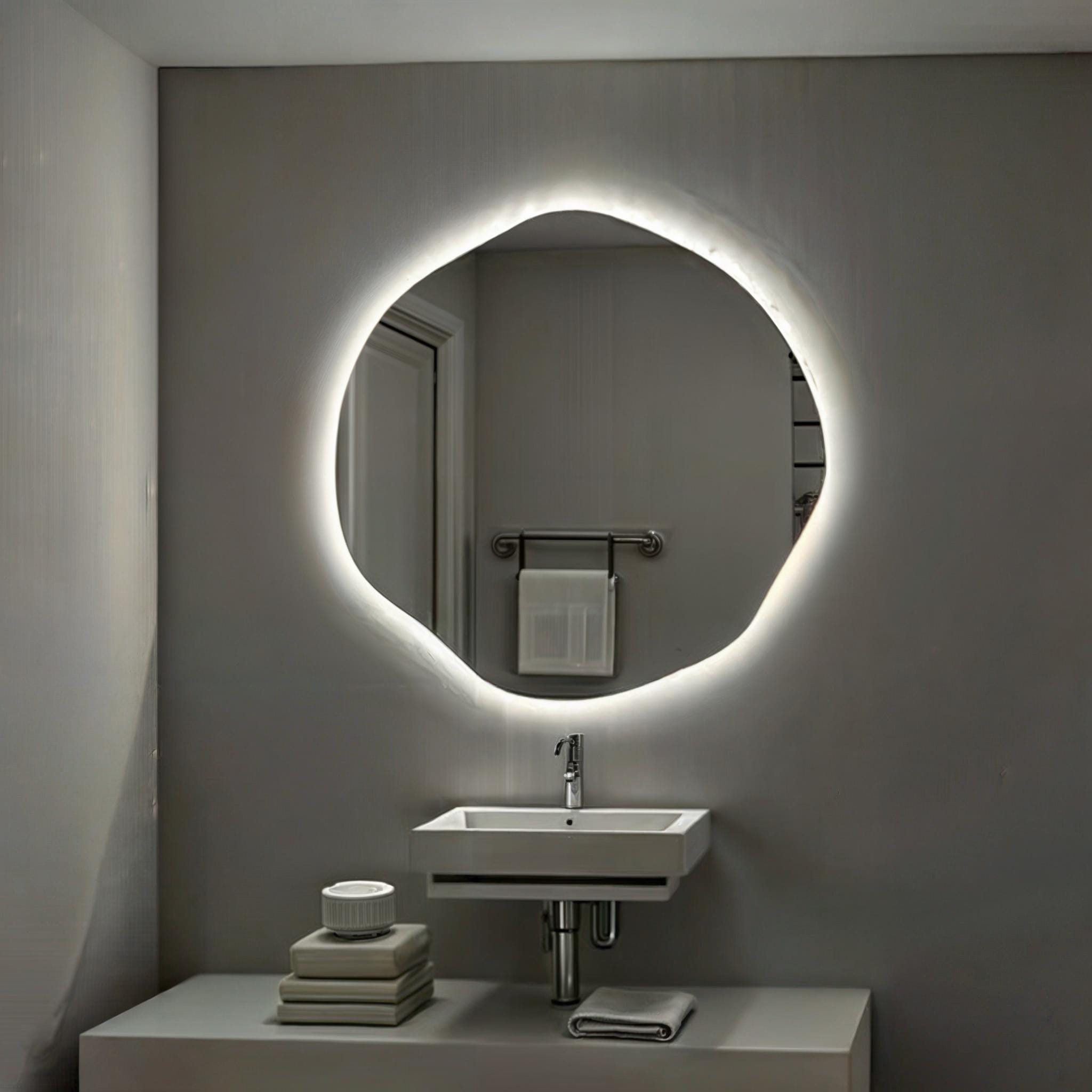 Wavy Round LED Mirror - Lighted Wall Mirror - Asymmetrical Modern ...