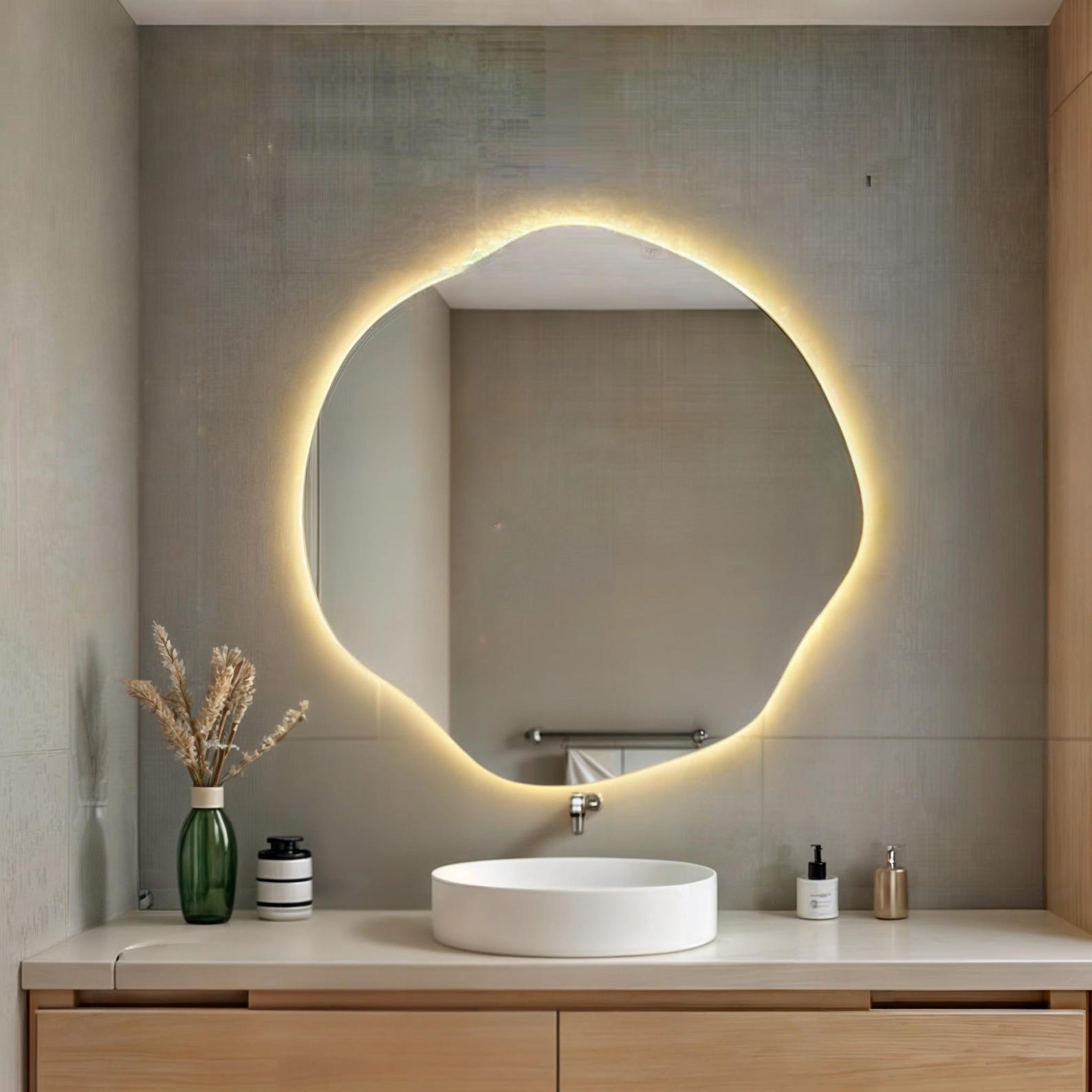 Wavy Round LED Mirror - Lighted Wall Mirror - Asymmetrical Modern ...