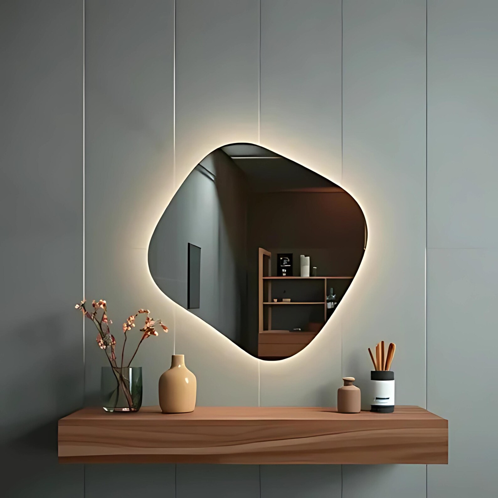 Asymmetrical LED Mirror: Modern Circular Wall Decor - Etsy
