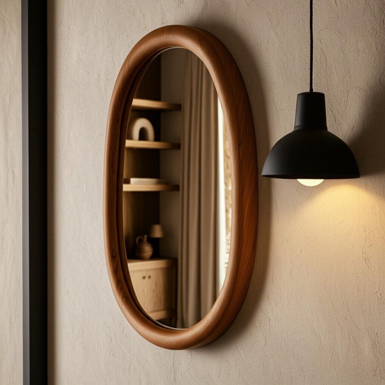 Mid-century Modern Walnut Wood Mirror: Oval Decorative Wall Mirror - Etsy