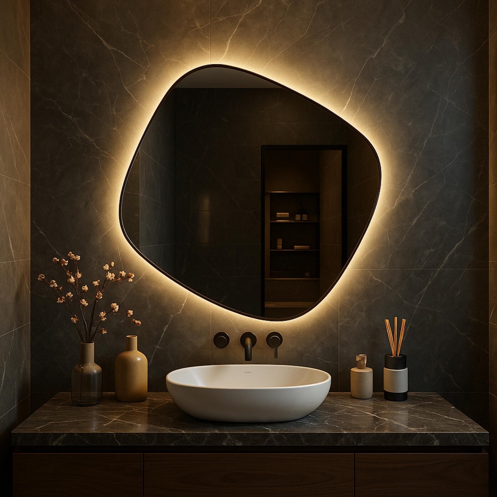Asymmetrical LED Mirror: Modern Circular Wall Decor - Etsy
