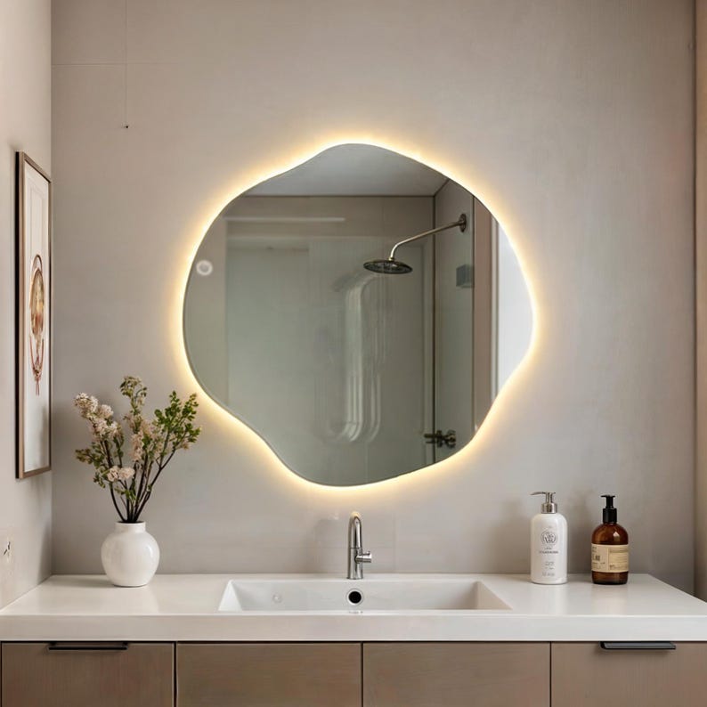 Wavy Round LED Mirror - Lighted Wall Mirror - Asymmetrical Modern ...