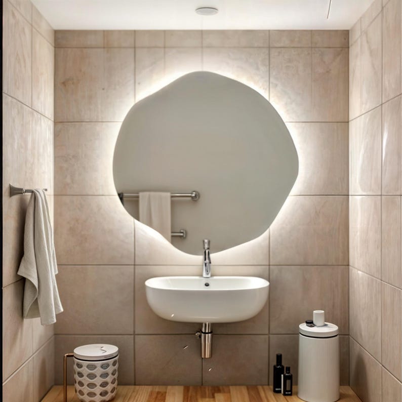 Wavy Round LED Mirror - Lighted Wall Mirror - Asymmetrical Modern ...