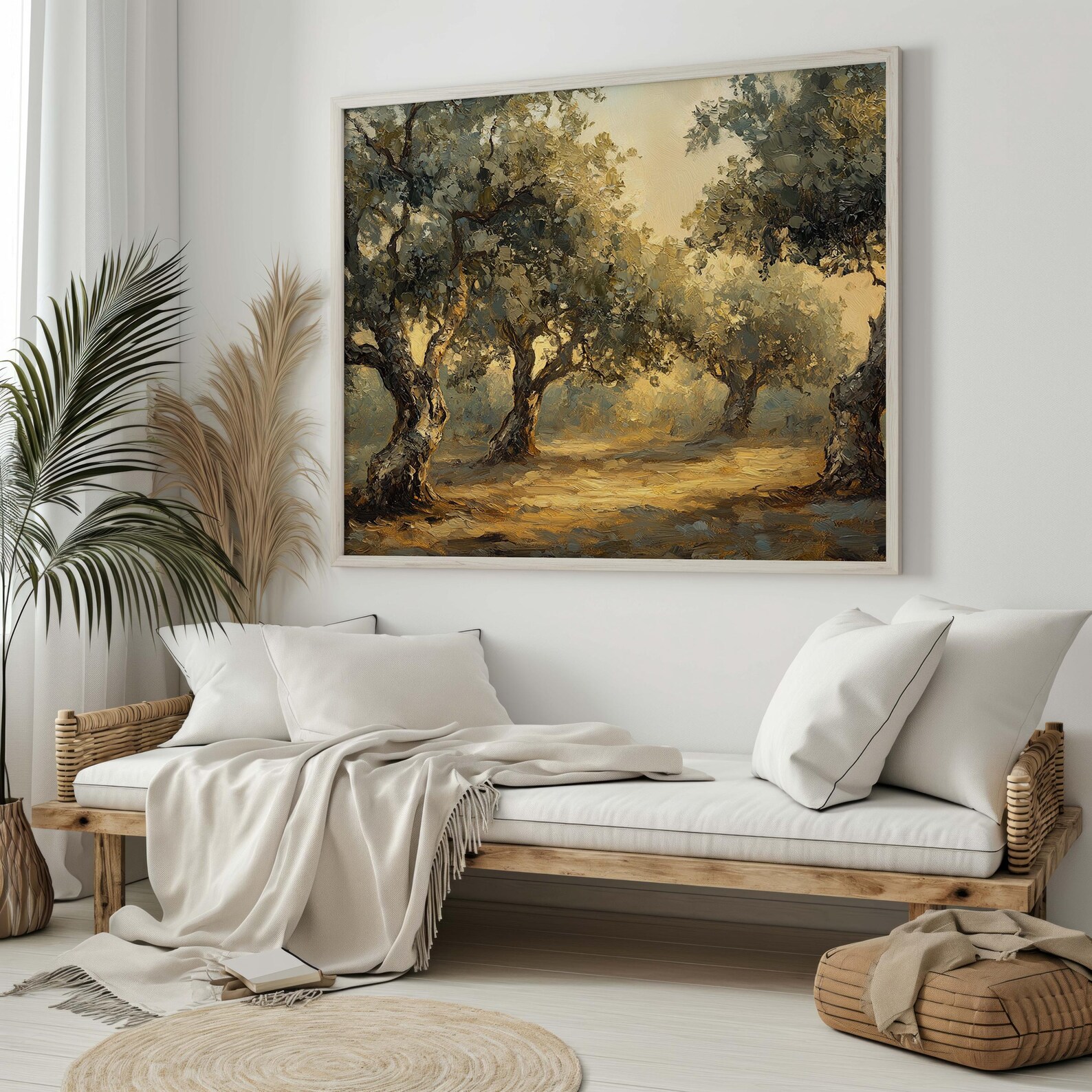 Olive Grove Landscape Oil Painting Sunlit Trees, Mediterranean Wall Art ...