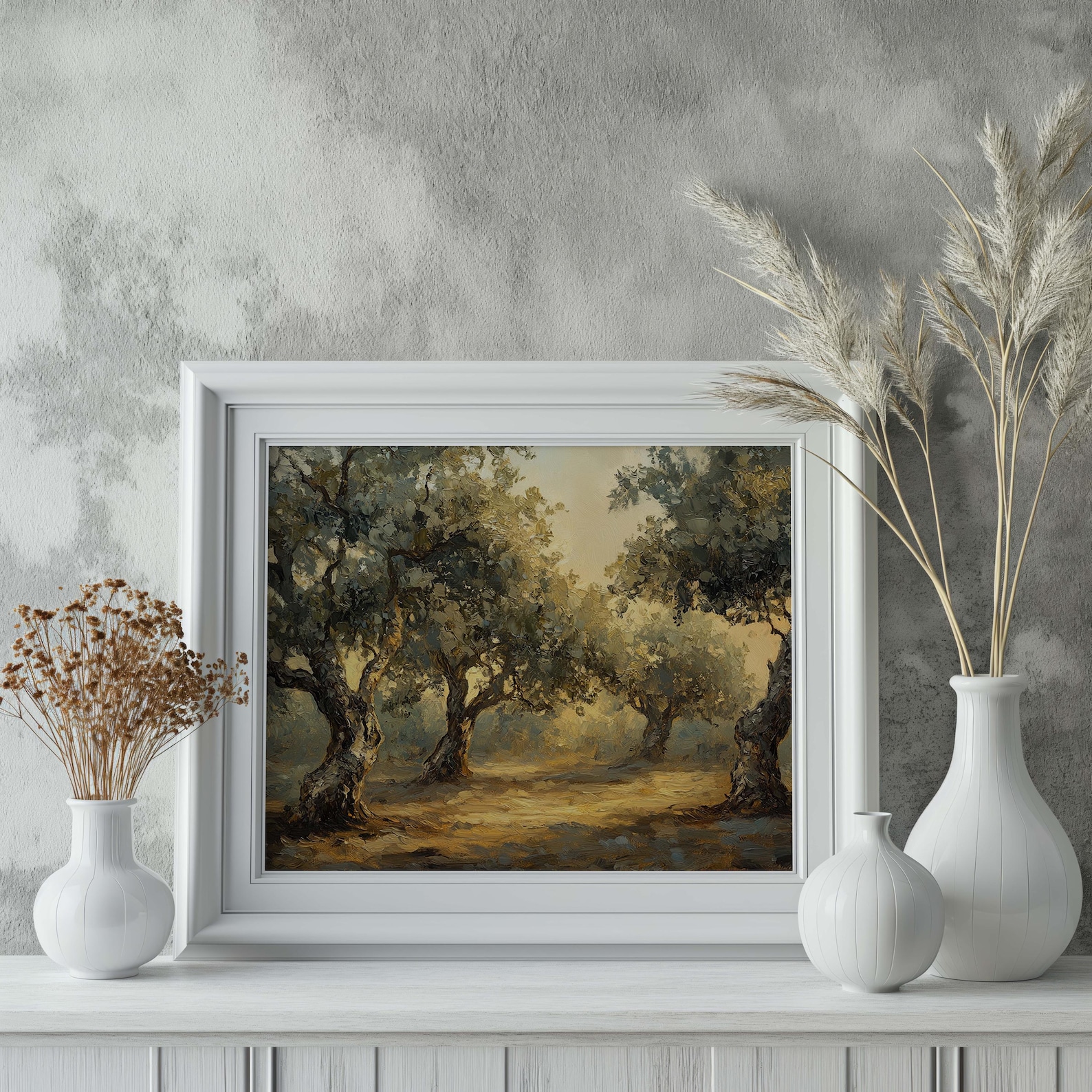 Olive Grove Landscape Oil Painting Sunlit Trees, Mediterranean Wall Art ...