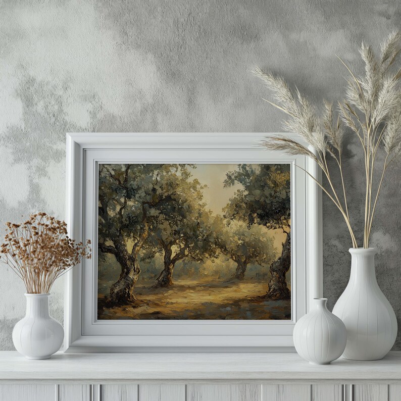 Olive Grove Landscape Oil Painting Sunlit Trees, Mediterranean Wall Art ...