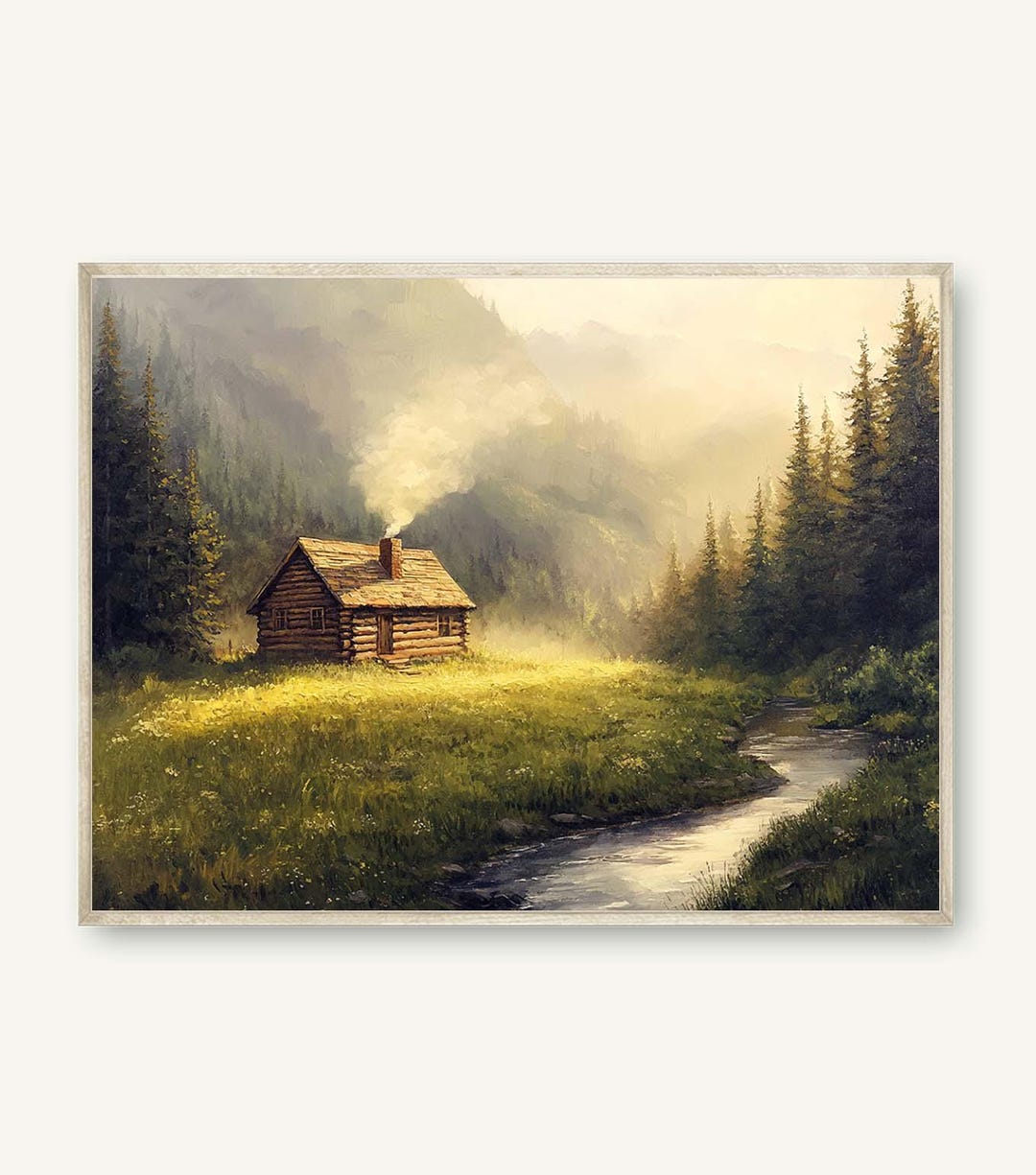Rustic Log Cabin Wall Art, Forest Meadow Print Mountain Landscape Decor ...