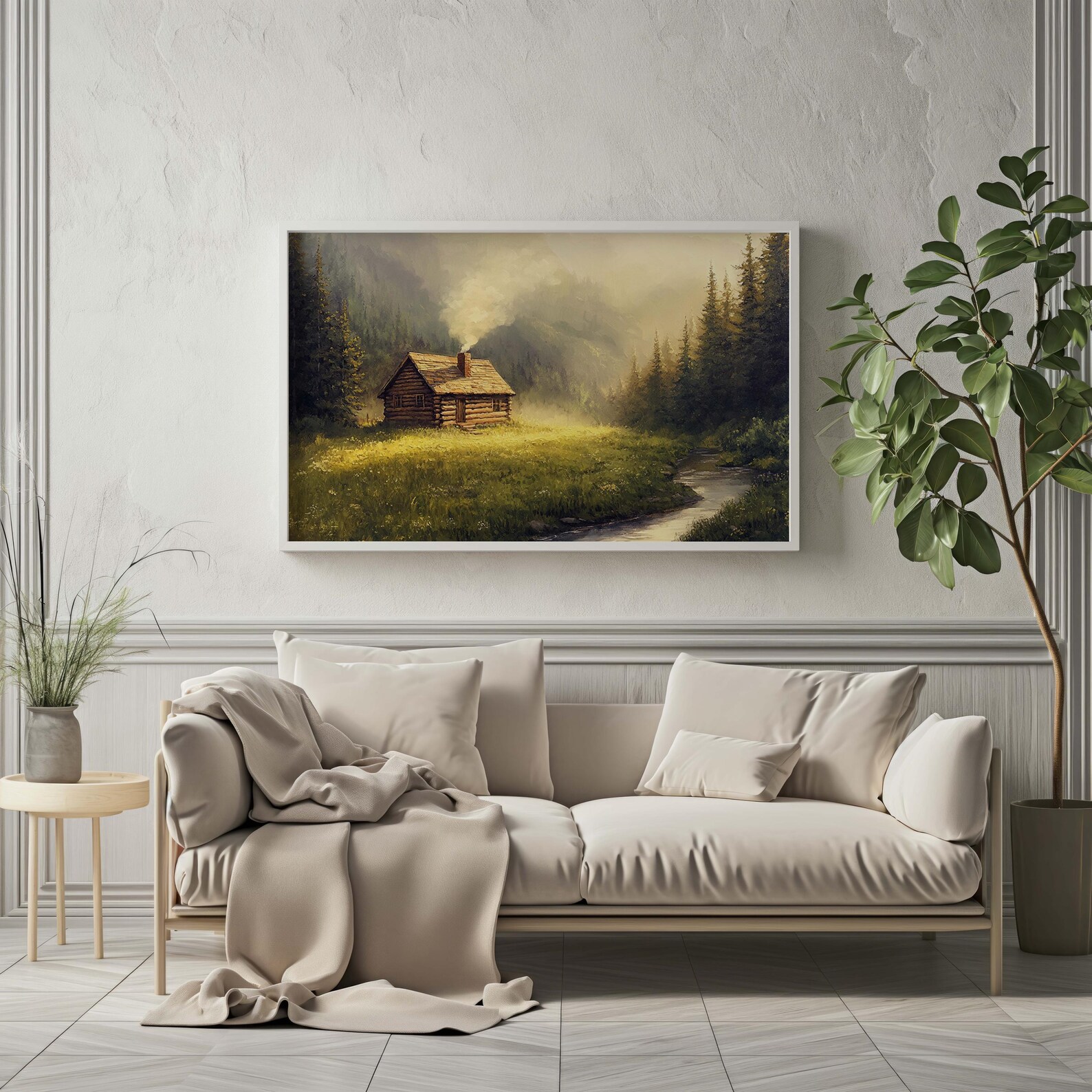 Rustic Log Cabin Wall Art, Forest Meadow Print Mountain Landscape Decor ...