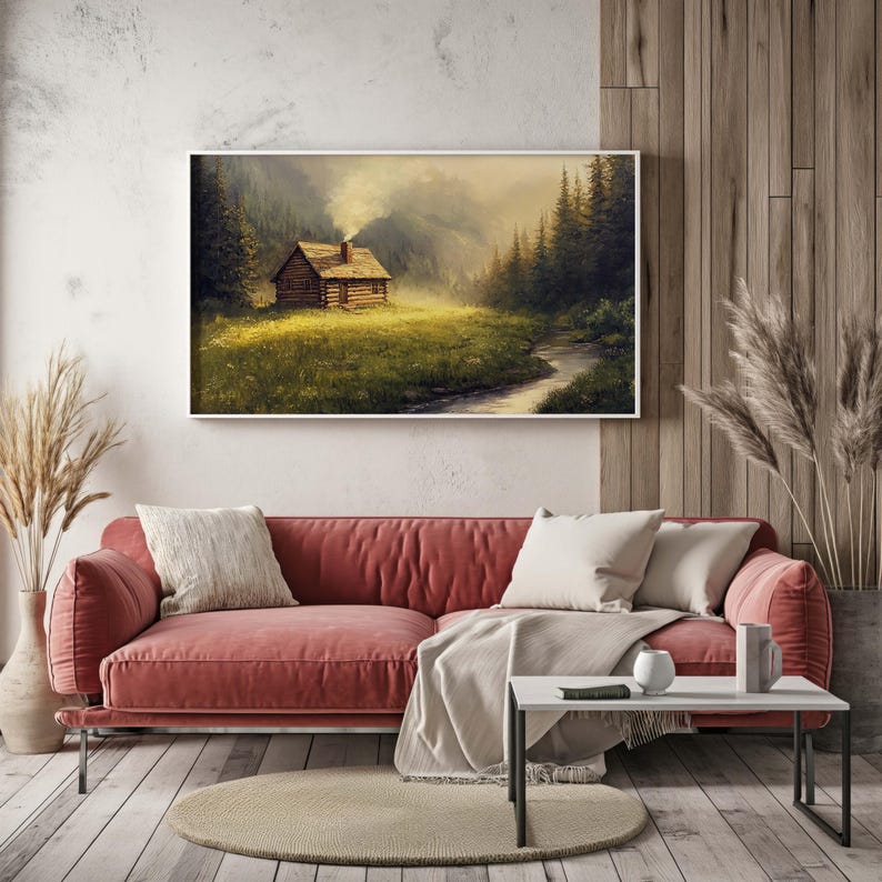 Rustic Log Cabin Wall Art, Forest Meadow Print Mountain Landscape Decor ...