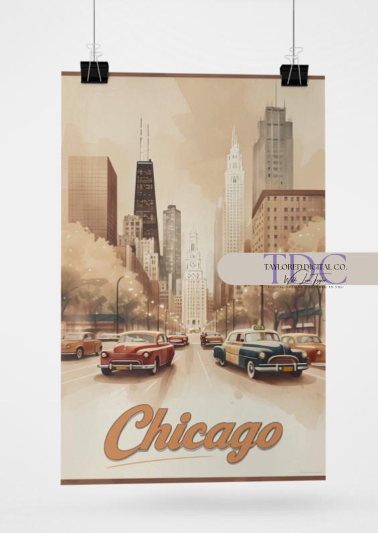 Vintage Chicago Poster Digital Download – Retro Windy City Skyline ...