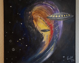 Original UFO Outer Space Alien Abduction Artwork Painting, Hand-painted ...
