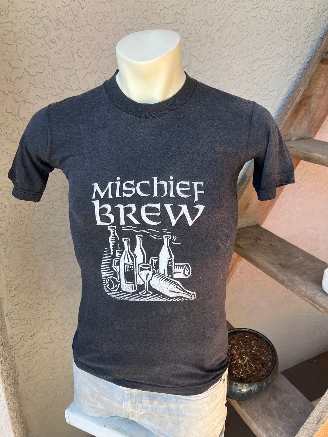 Mischief Brew 1980s Vintage Soft Thin Tee Shirt - Faded Black Size ...