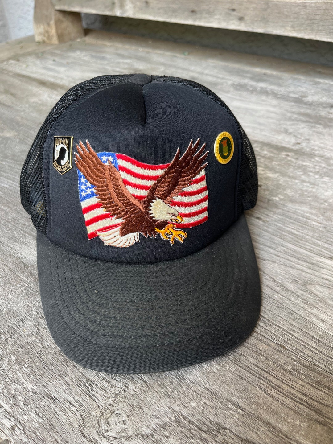 American Flag and Eagle 1980s Vintage Trucker Hat With Two Hat Pins ...