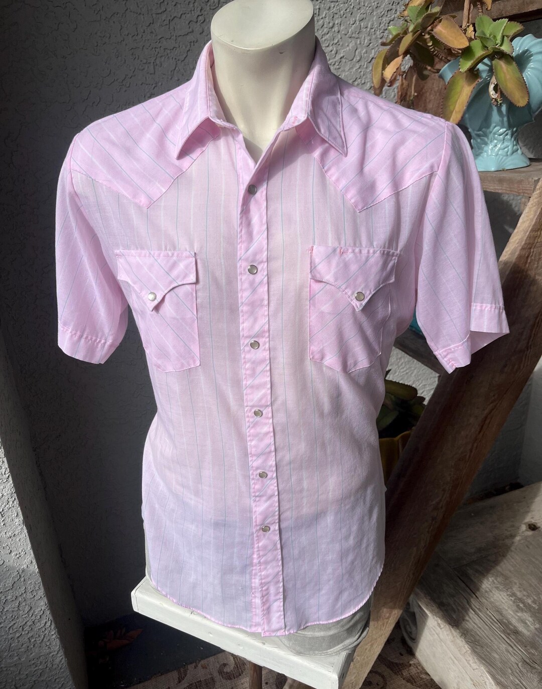 Miller 1980s Pale Pink Pearl Snap Vintage Short Sleeve Western Plaid ...